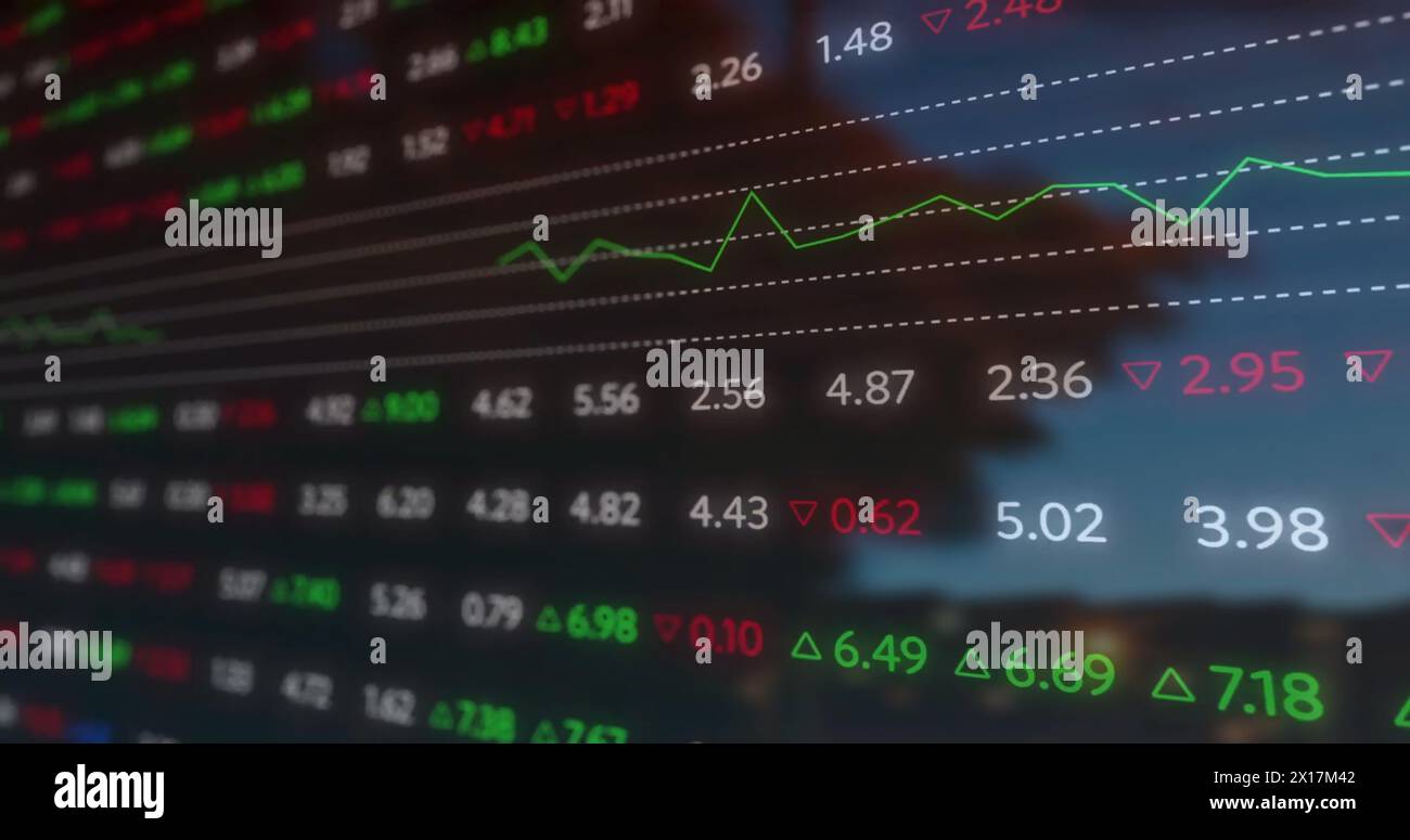 Image of data processing, diagrams and stock market over cityscape ...