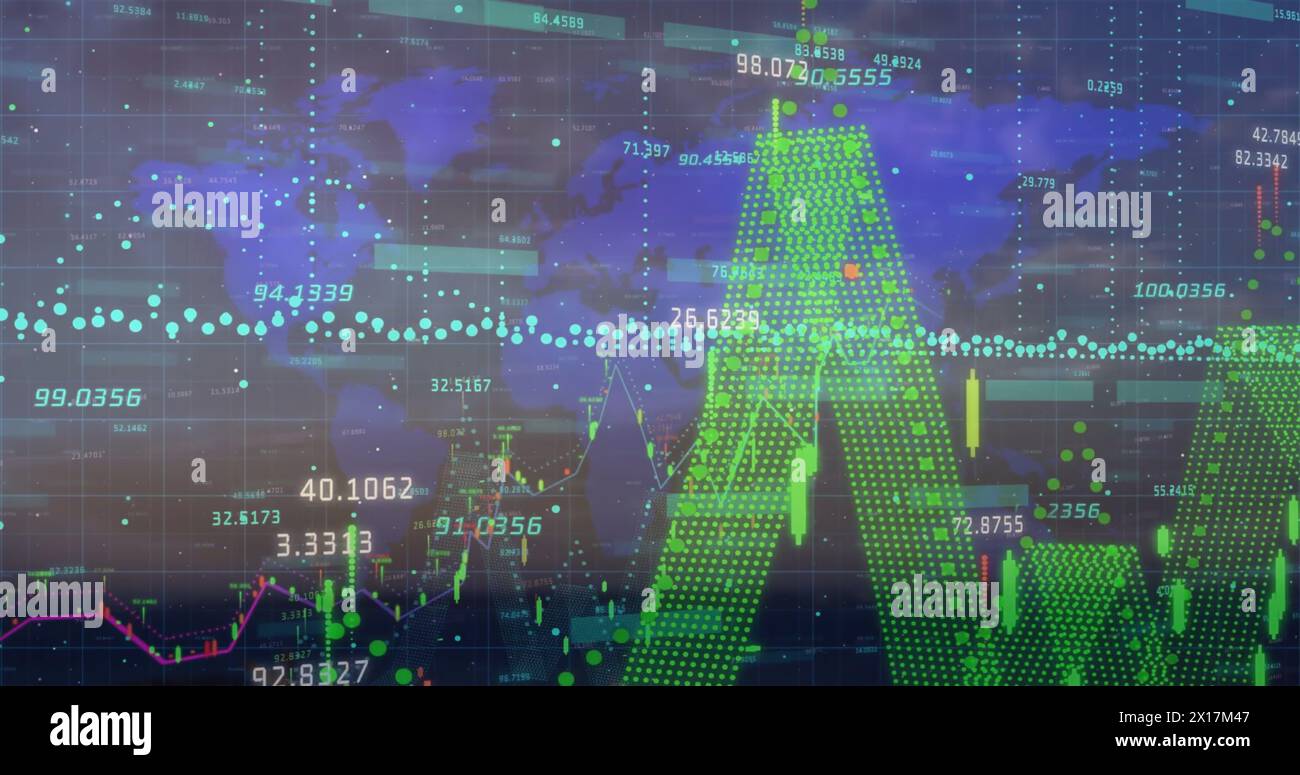 Image of data processing, diagrams and world map over cityscape Stock ...