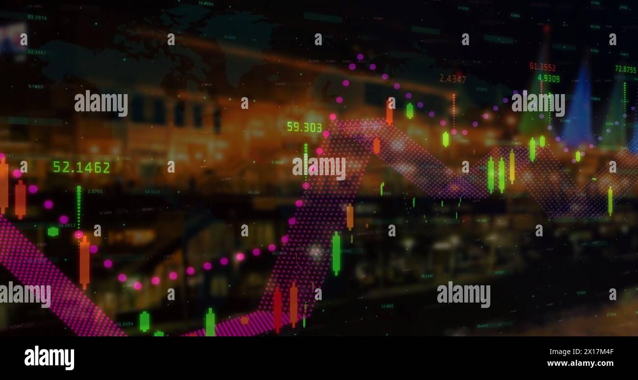 Image of data processing, diagrams and stock market over cityscape ...