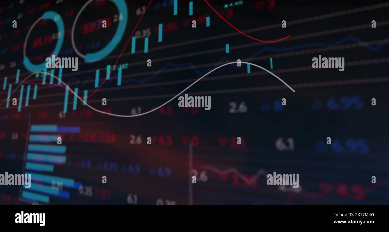 Image of data processing, diagrams and stock market over black ...