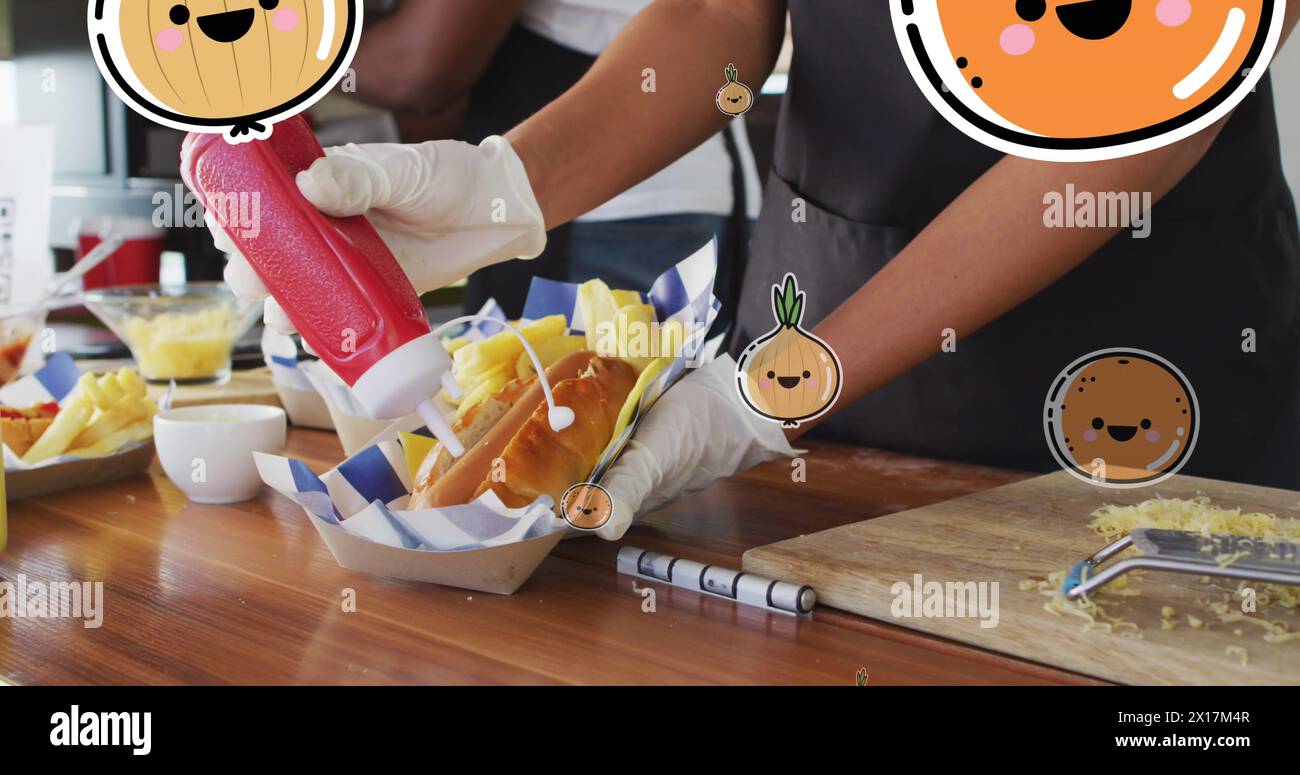 Image of smiling vegetables and fruits over female food vendor ...