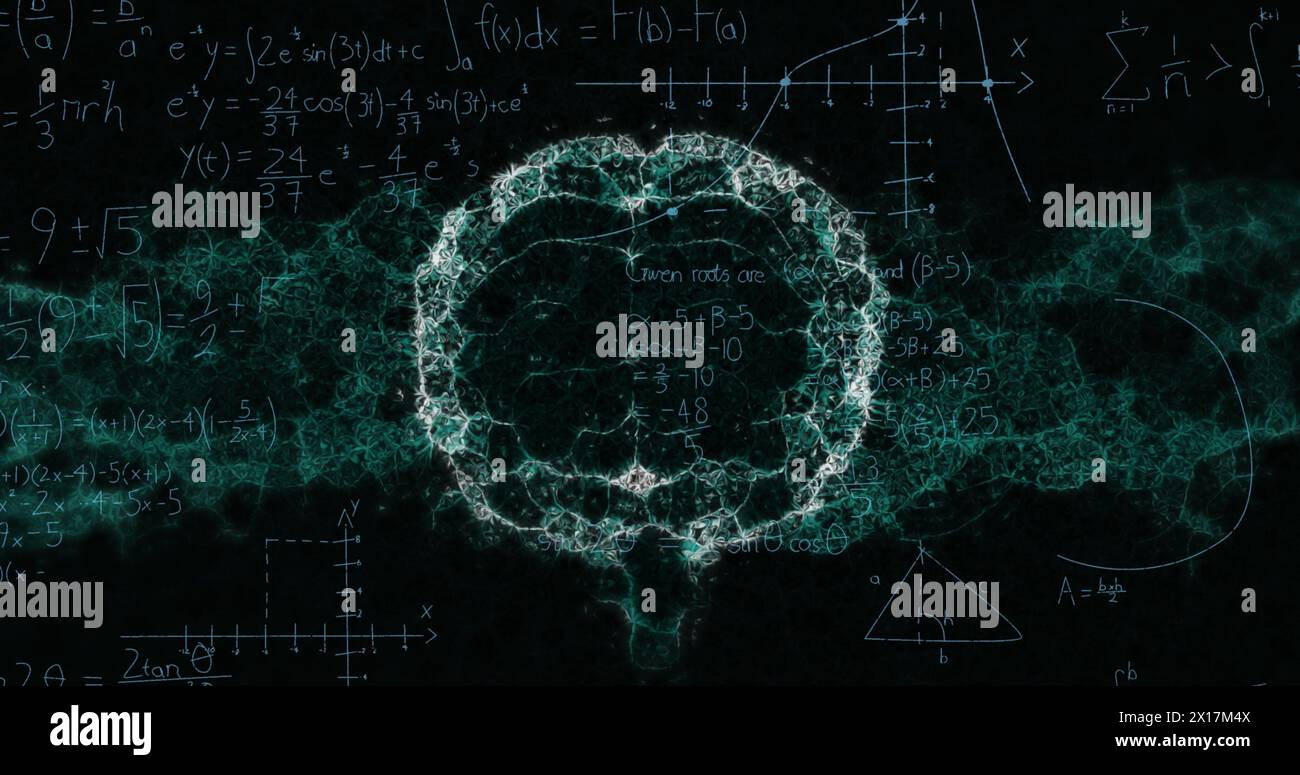 Image of mathematical equations over digital model of human brain on ...