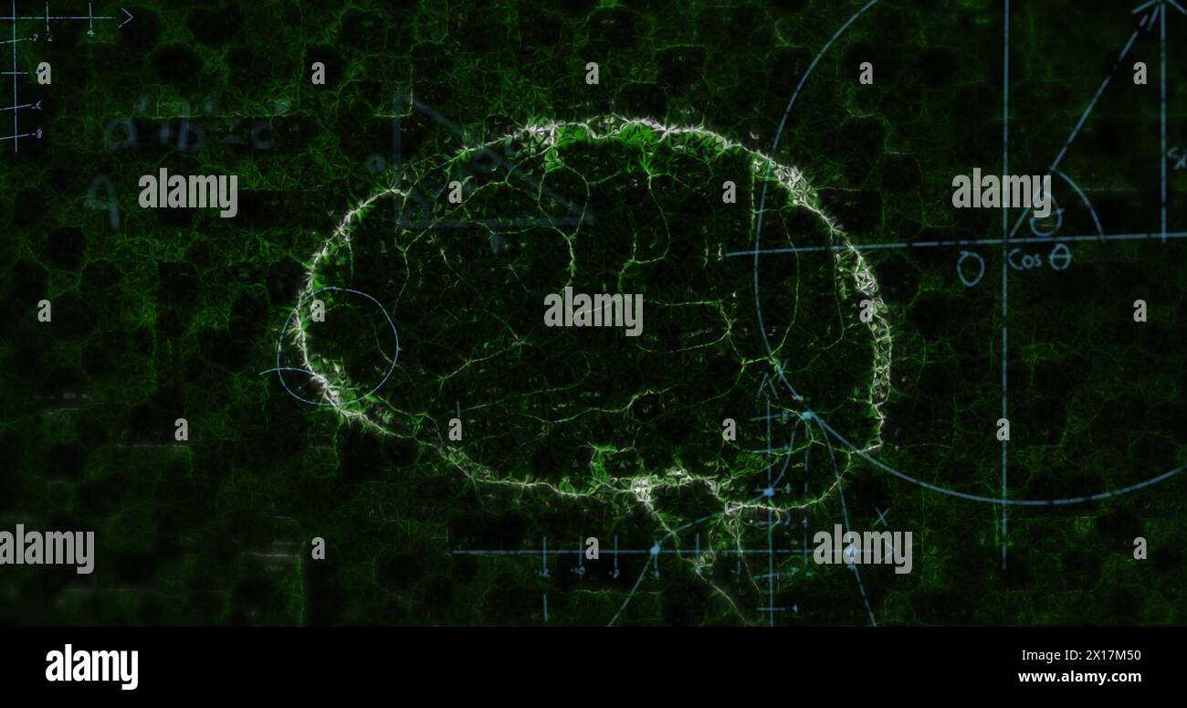 Image of mathematical equations over digital model of human brain on ...