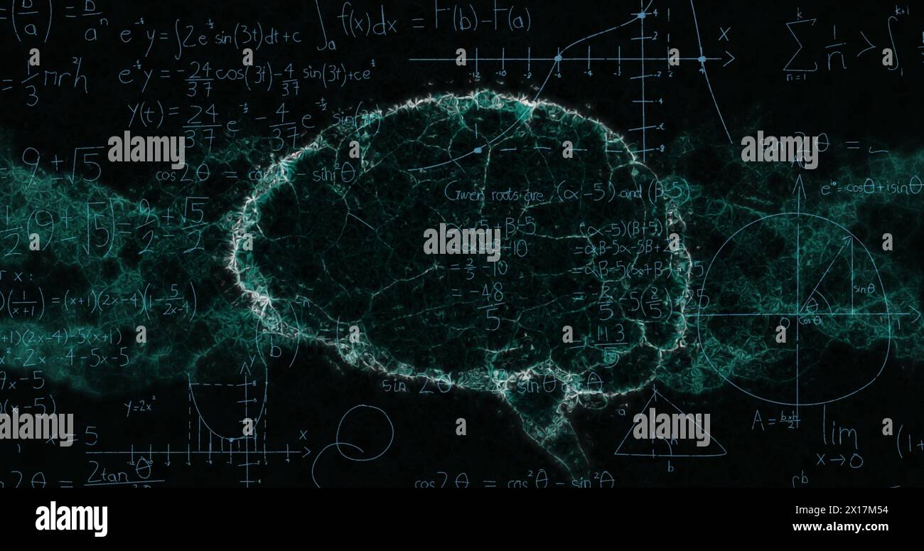 Image of mathematical equations over digital model of human brain on ...