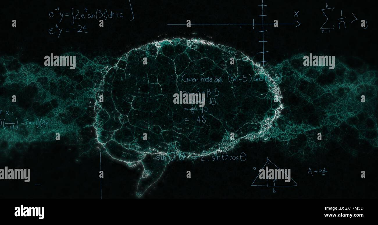 Image of mathematical equations over digital model of human brain on ...