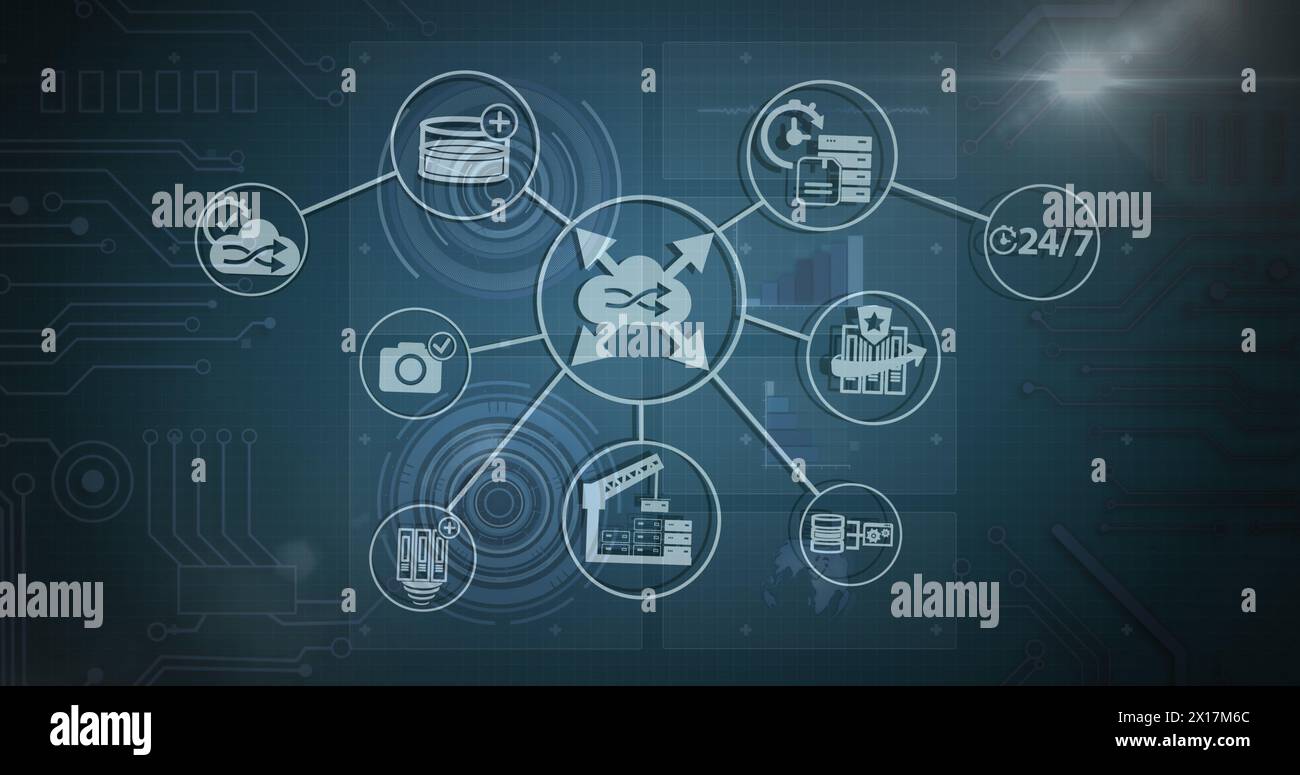 Image of tech icons and motherboard on green digital screen Stock Photo ...