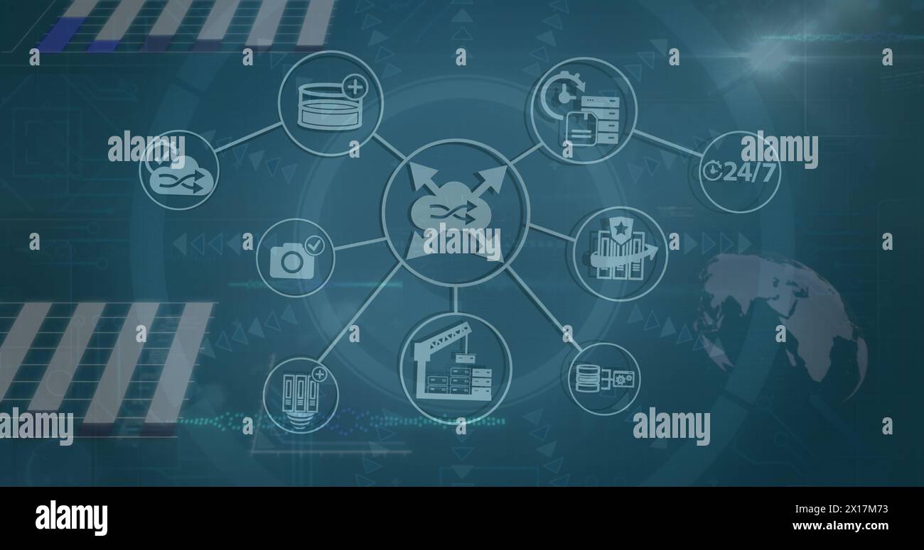 Image of tech icons and motherboard on green digital screen Stock Photo ...