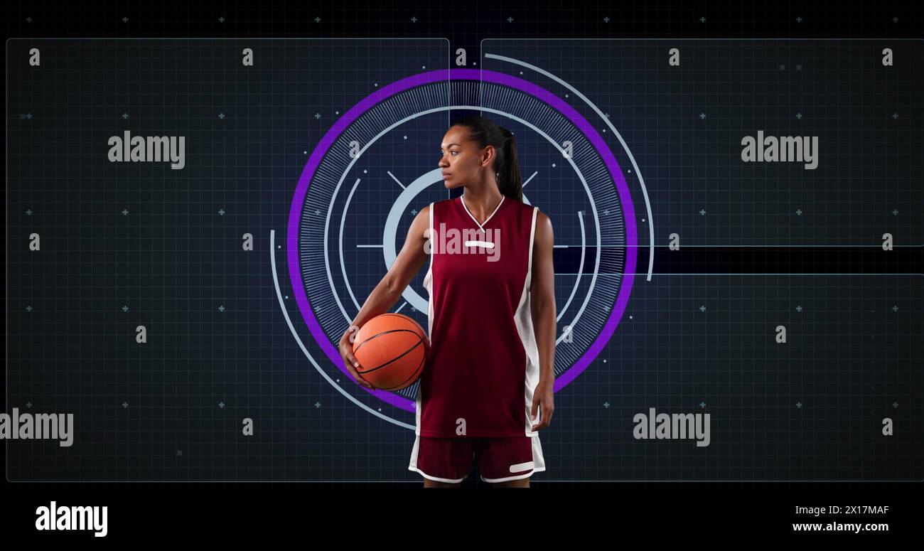 Image of scope scanning and data processing over biracial female basketball player Stock Photo ...