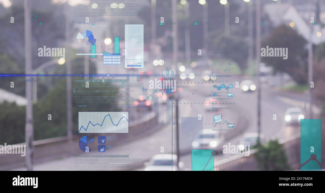 Image of statistical data processing against aerial view of city ...