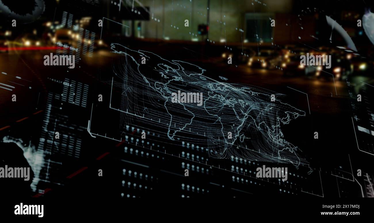 Image of interface with data processing against city traffic at night ...