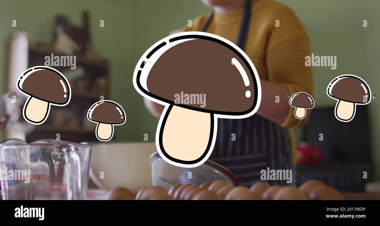 Image of mushroom icons over caucasian woman cooking Stock Photo - Alamy Image of mushroom icons over caucasian woman cooking Stock Photo - Alamy