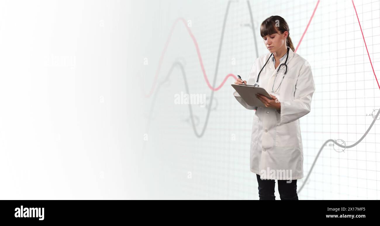 Image of financial data and graphs over caucasian female doctor Stock ...