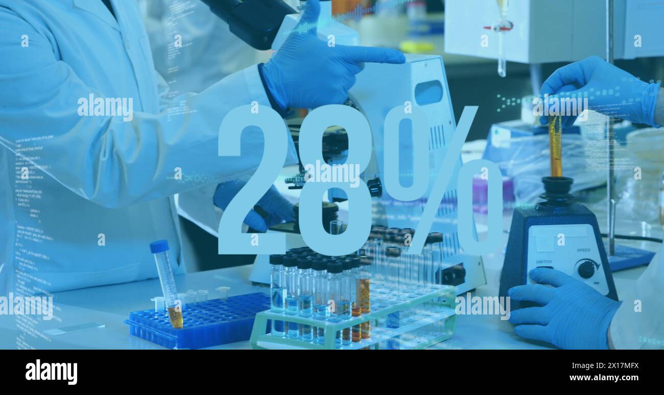 Image of data processing and percent over scientists in lab Stock Photo ...