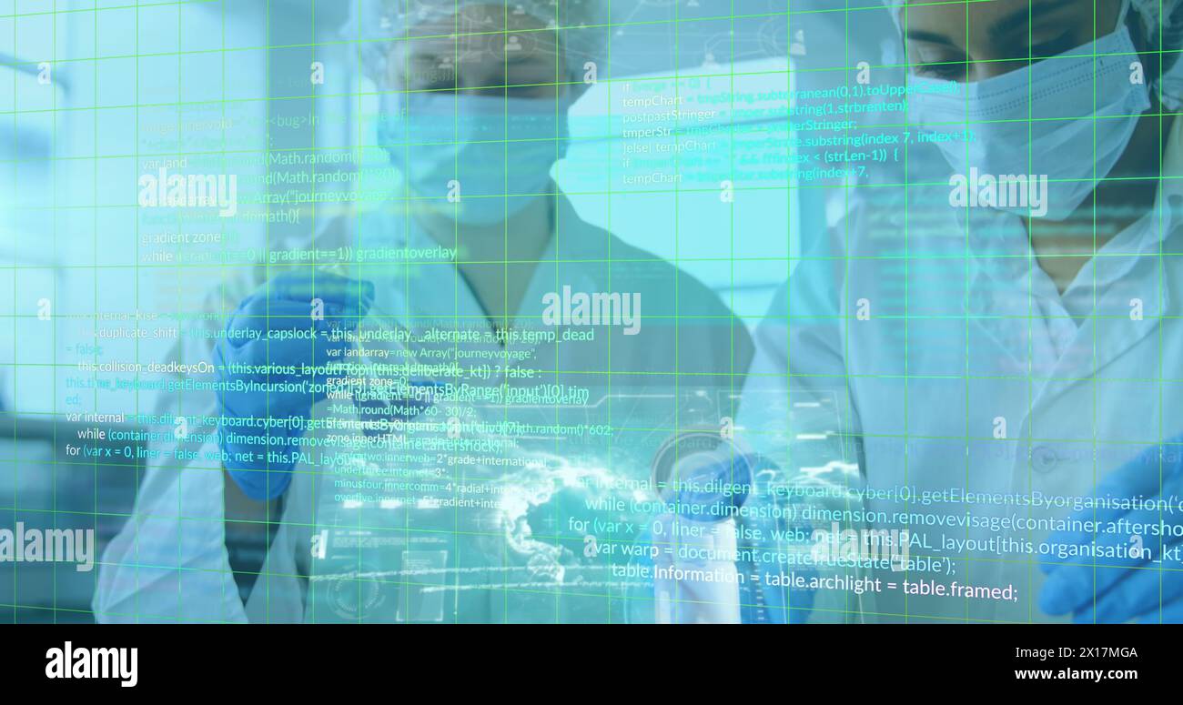 Grid lines and data processing over two caucasian female scientists in ...