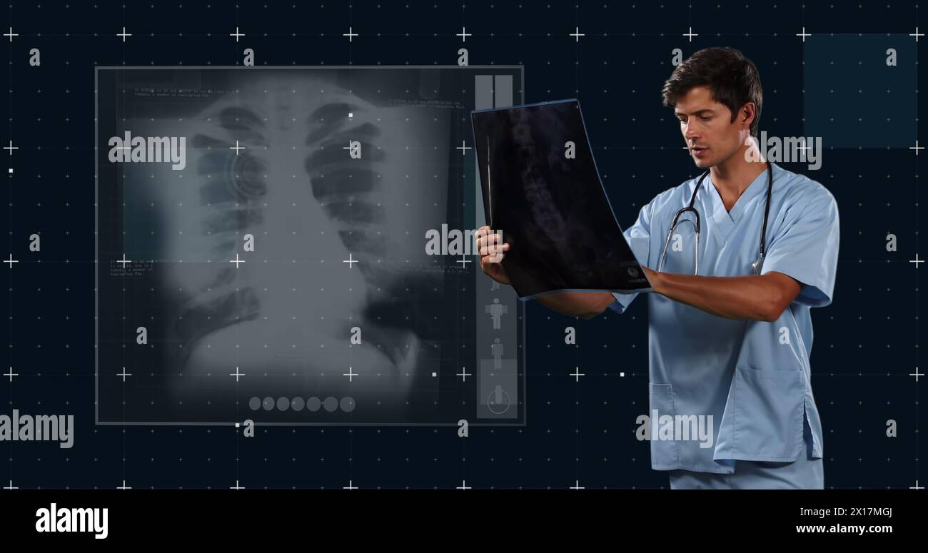 Image of caucasian male doctor with x ray photo and x ray photo on ...