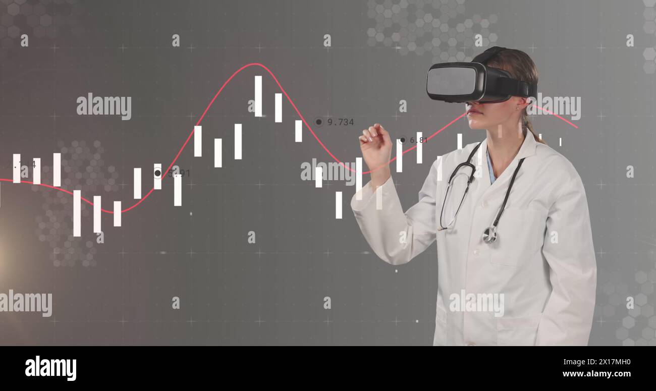 Image of financial data and graphs over caucasian female doctor in vr ...