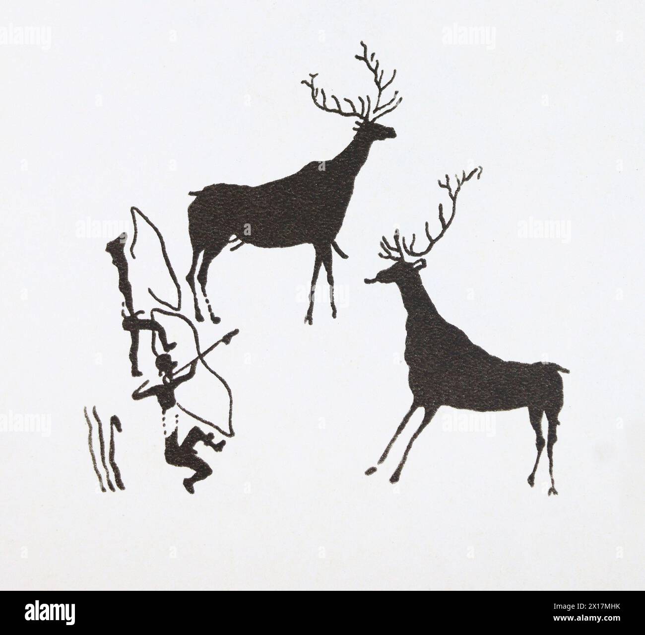 Hunters with bows attacking deers. Drawing on a rock in Spain Stock ...