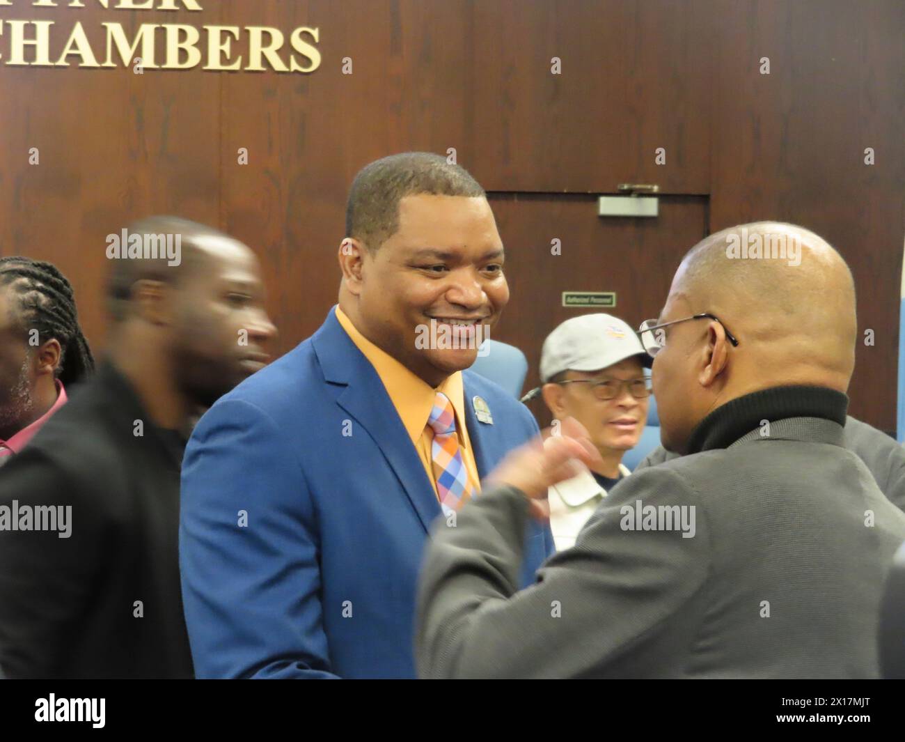 Atlantic City Mayor Marty Small, center, greets supporters after a news ...