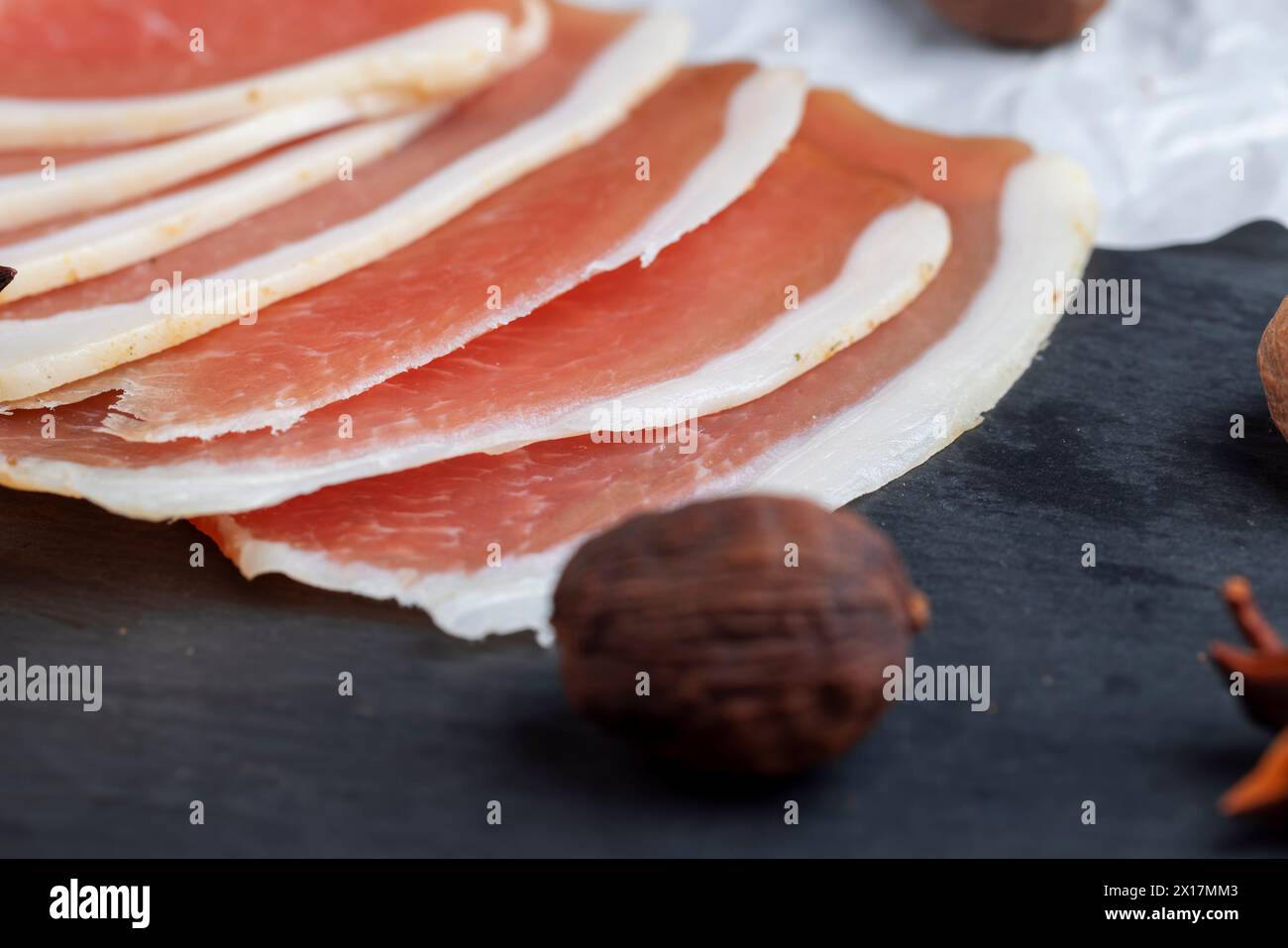 thinly sliced dried meat, pickled pork jerky ready for eating Stock ...