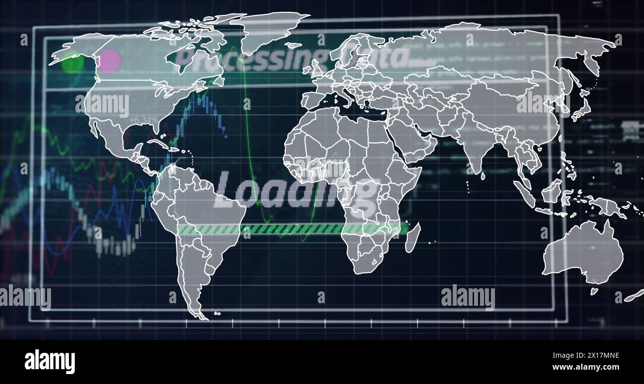 Image of map moving over digital screen with progressing data and ...