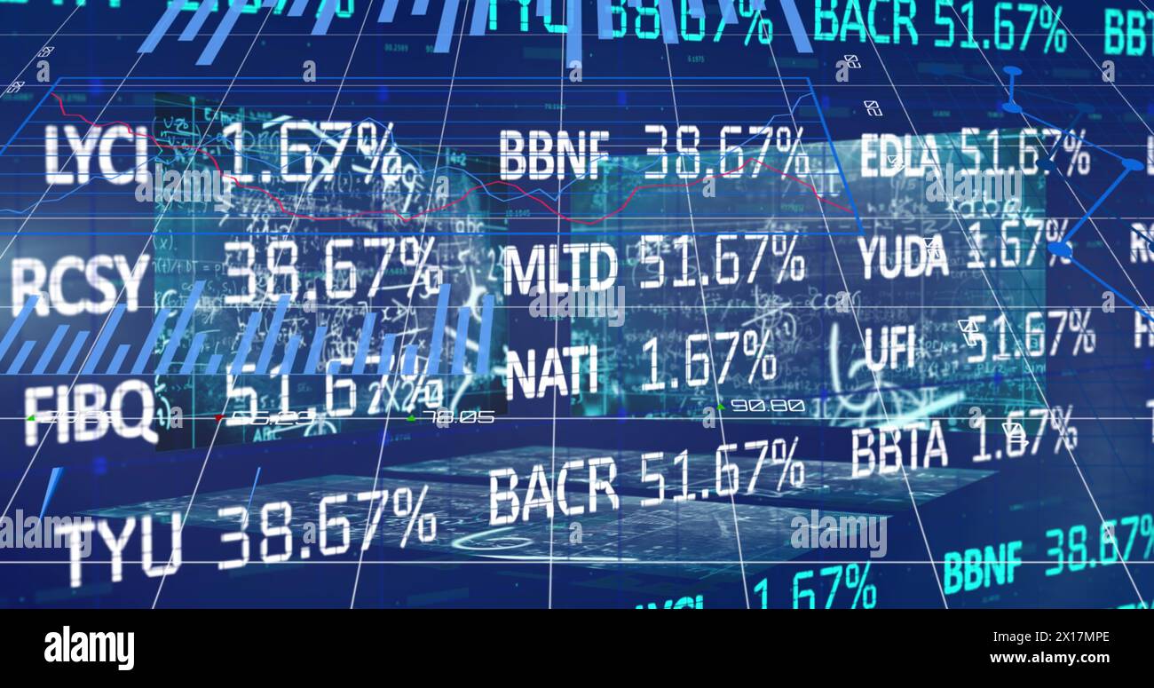 Image of financial data processing over mathematical equations on black ...