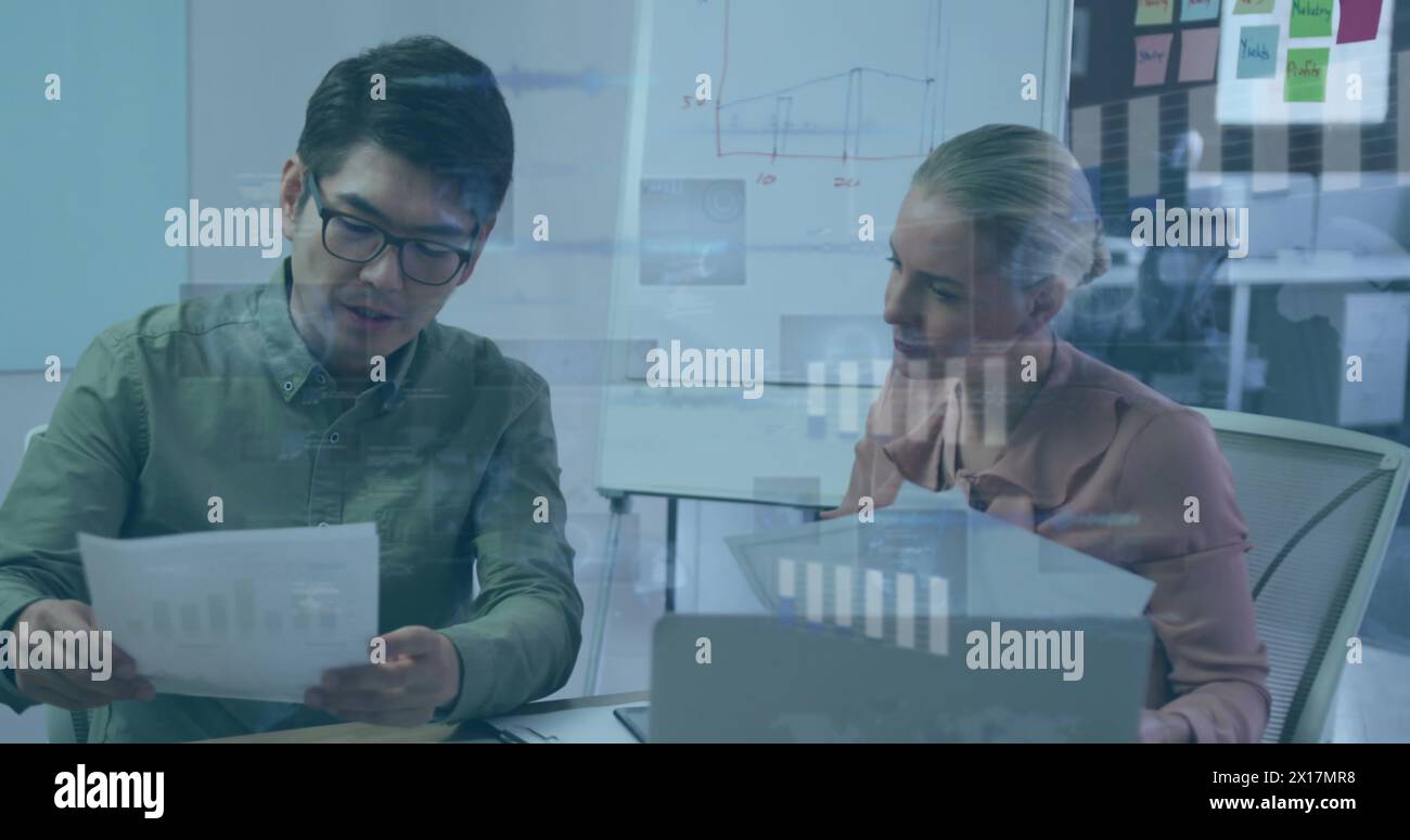 Image of financial data processing over diverse business people Stock ...