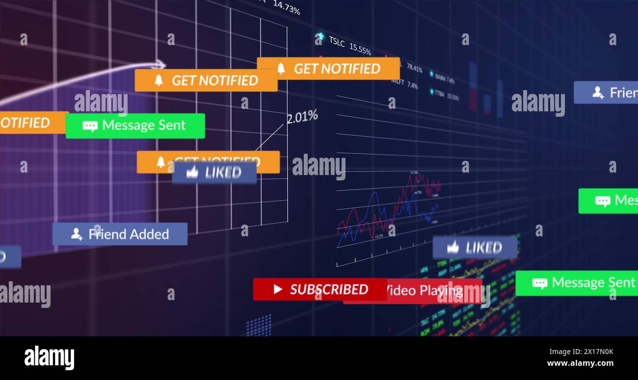 Image of notification bars, graphs and trading boards over black ...