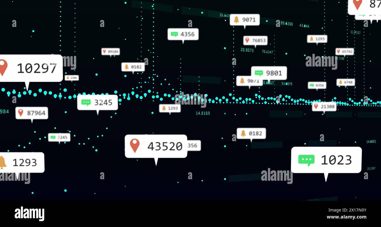 Image of multiple notification bars, changing numbers and graphs over black background Stock ...
