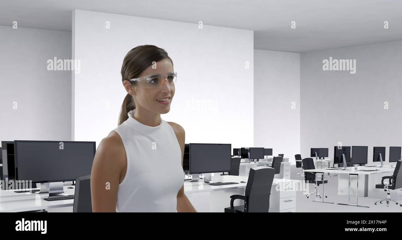 Side view of businesswoman wearing scientific glasses sliding a digital ...