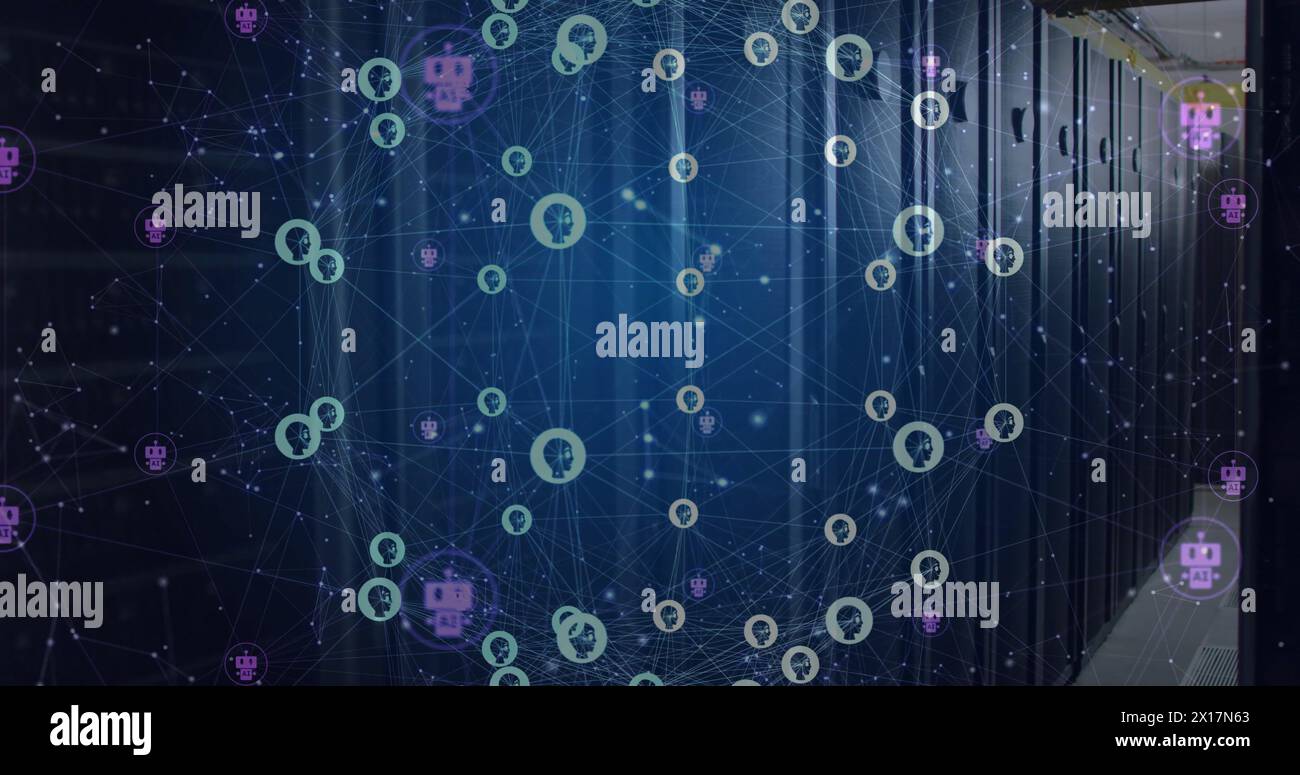 Image of global network of people and chatbot icons rotating over dark computer server room. Ai ...