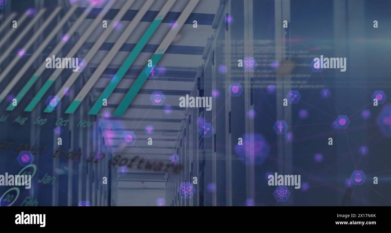 Image of globe and charts processing data over server room Stock Photo - Alamy