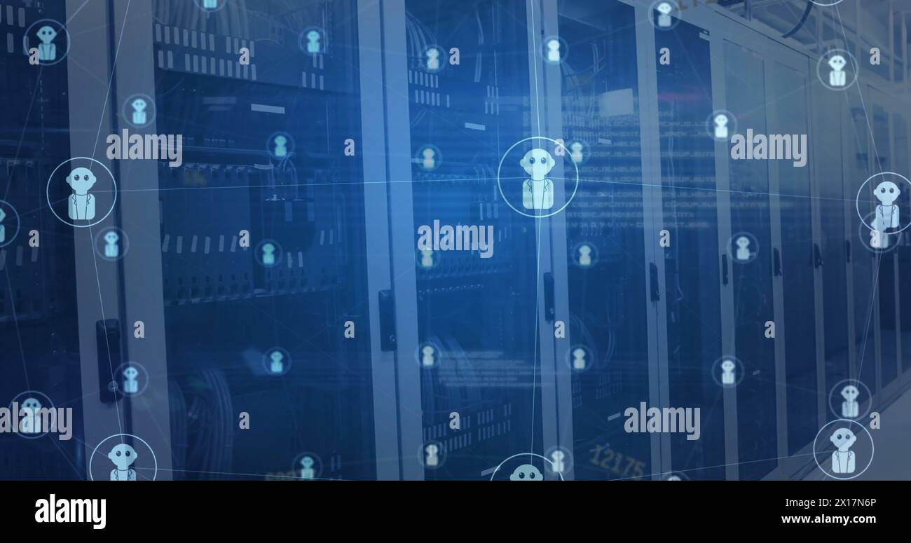 Image of grid network of chatbot icons rotating over computer server ...