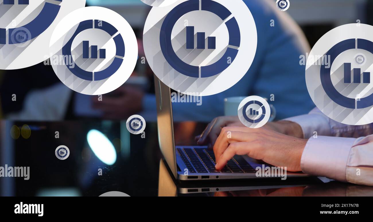 Image Of Graph Icon In Circles Over Cropped Hands Of Caucasian Man Typing On Keyboard Of Laptop