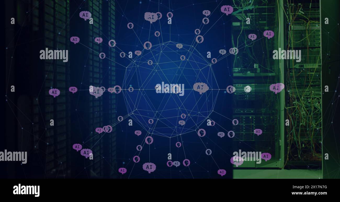 Image of global network of ai chatbot icons rotating over dark computer server room Stock Photo ...