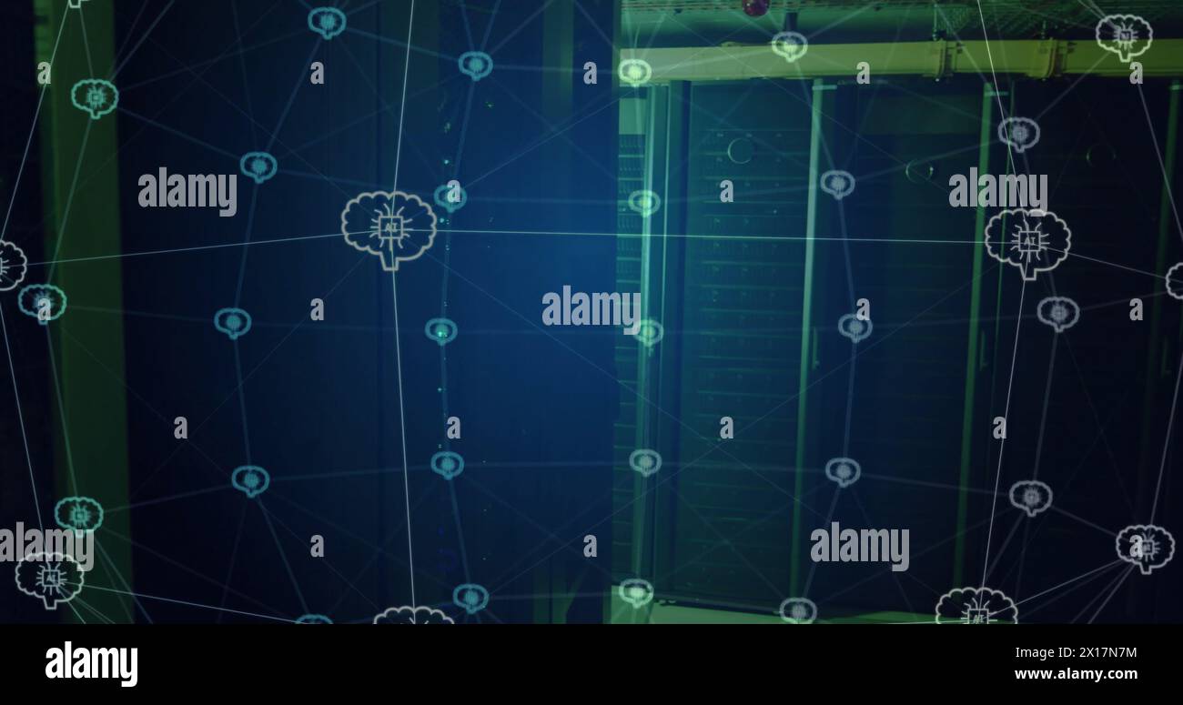 Image of grid network of ai brain icons rotating over dark computer ...
