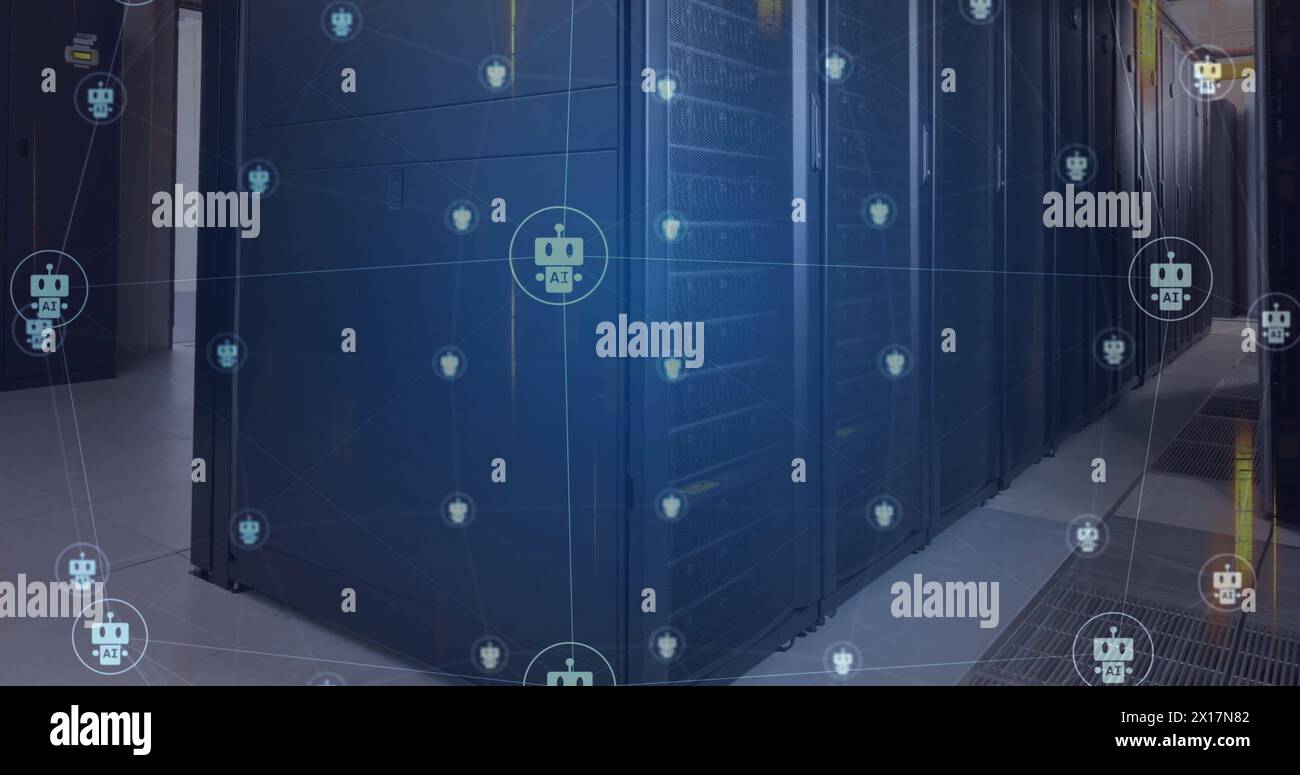 Image of ai chatbot icons and glowing data streams over computer server room Stock Photo - Alamy