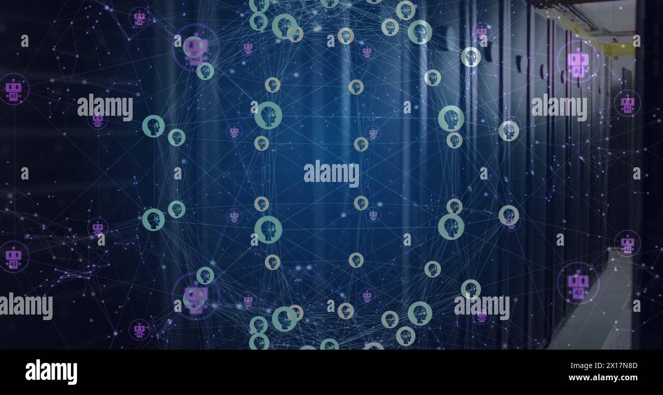 Image of global network of people and chatbot icons rotating over dark ...