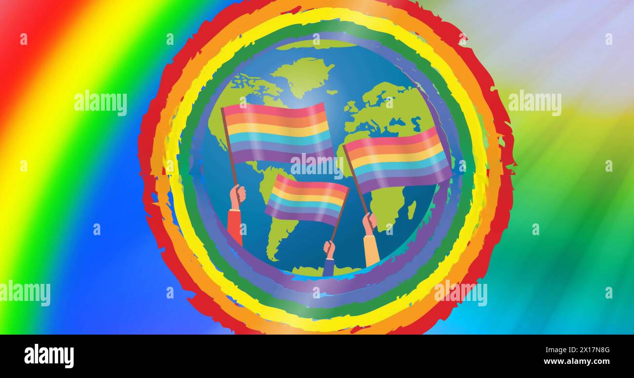Image of globe with rainbow flags over rainbow background Stock Photo ...