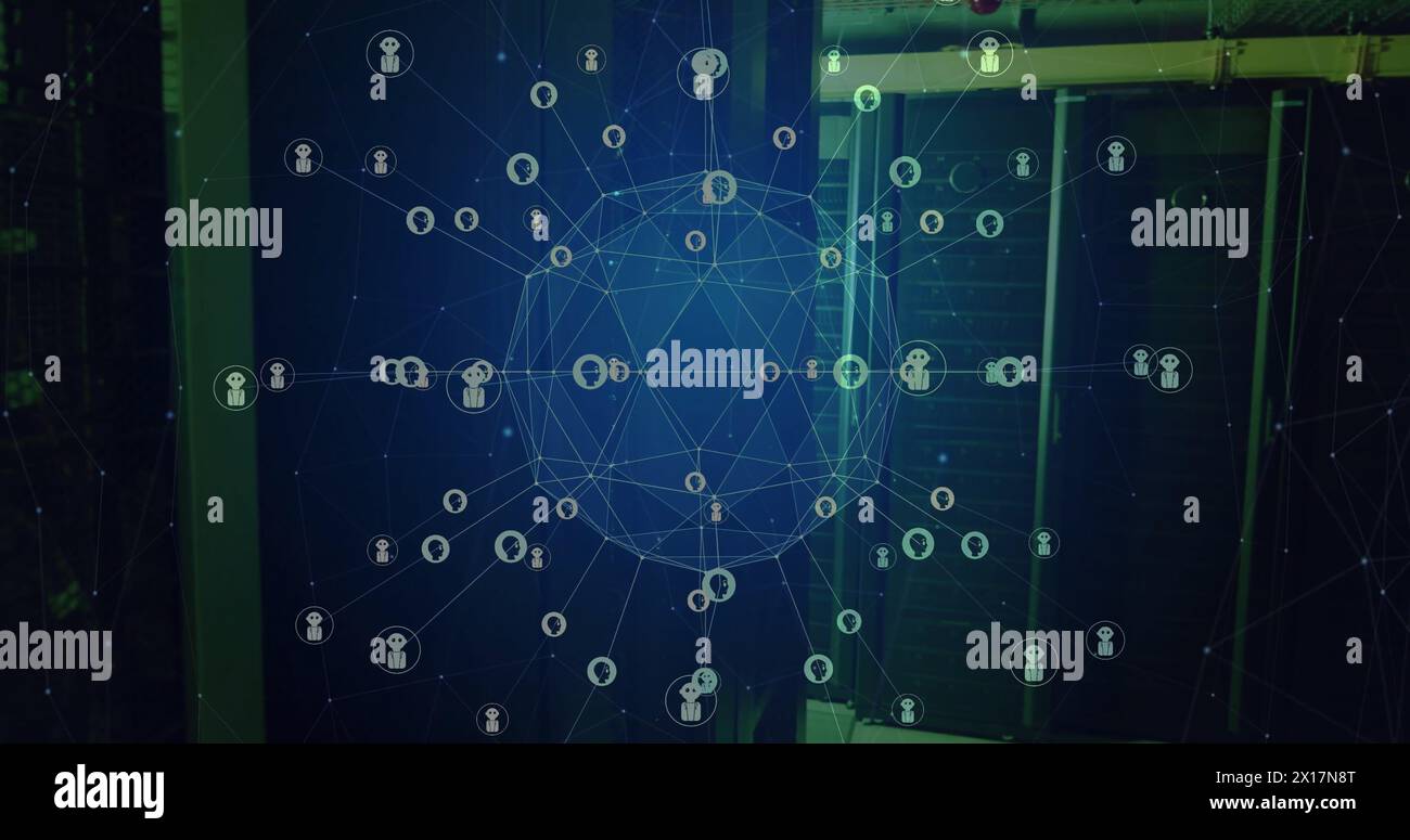 Image of global network of ai chatbot icons transferring data over dark computer server room. Ai ...