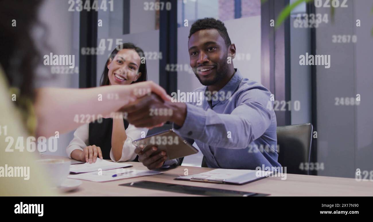 Image of data processing over diverse business people in office Stock ...