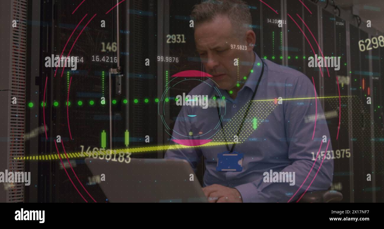 Image of data processing over caucasian man using computer in server ...
