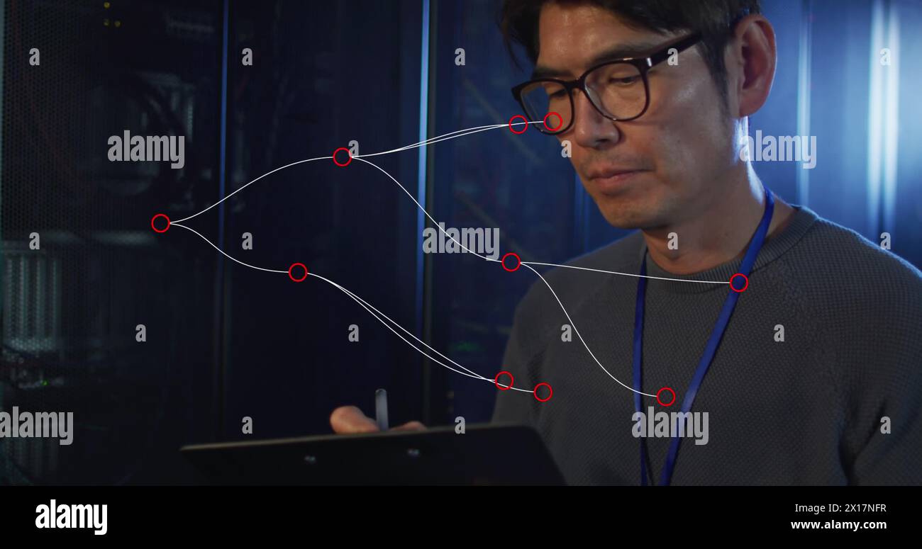 Image of network of connections over male asian it engineer Stock Photo ...