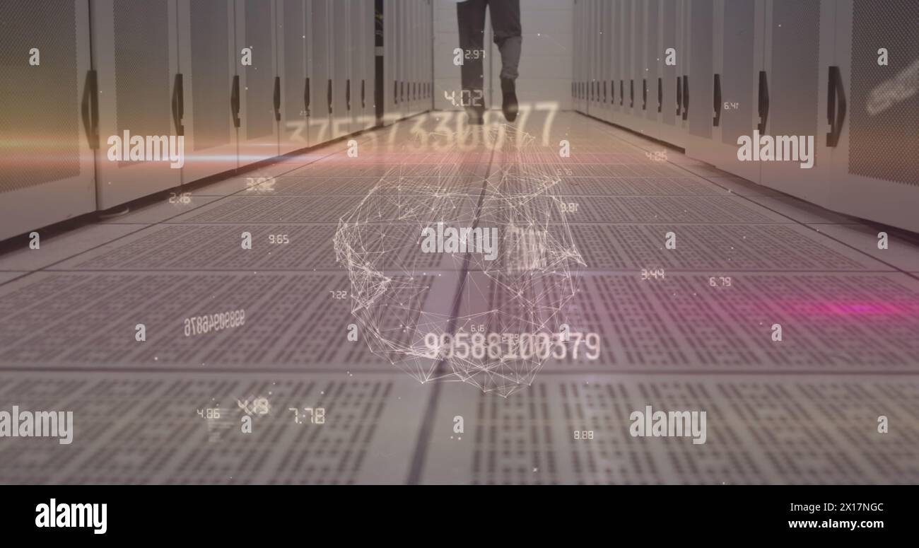 Globe of network of connections against low section of male engineer ...