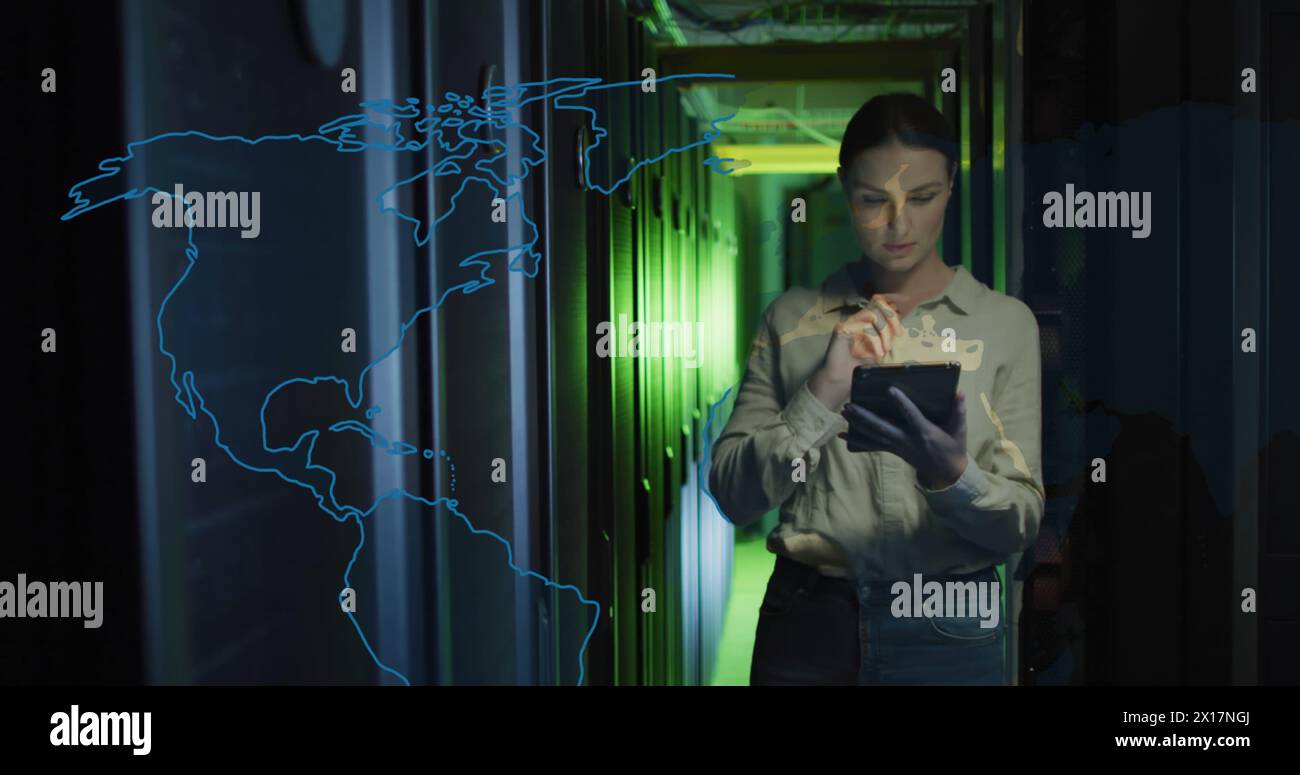 World map against caucasian female engineer with digital tablet working ...