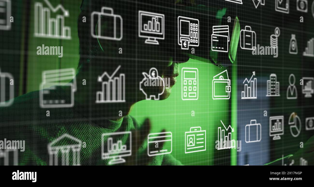 Digital icons moving against man hi-res stock photography and images ...