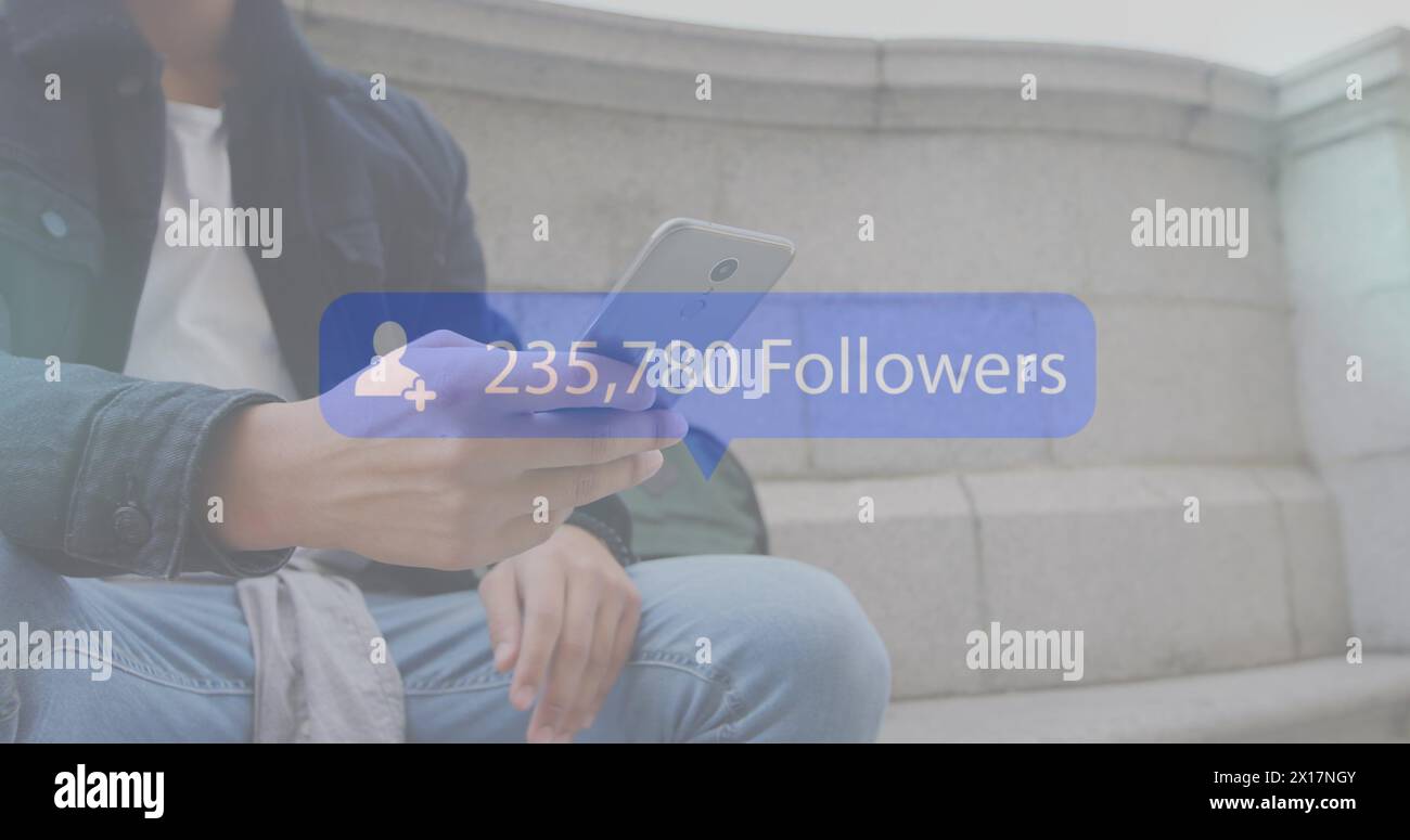 Image of social media icons over men using smartphone Stock Photo - Alamy