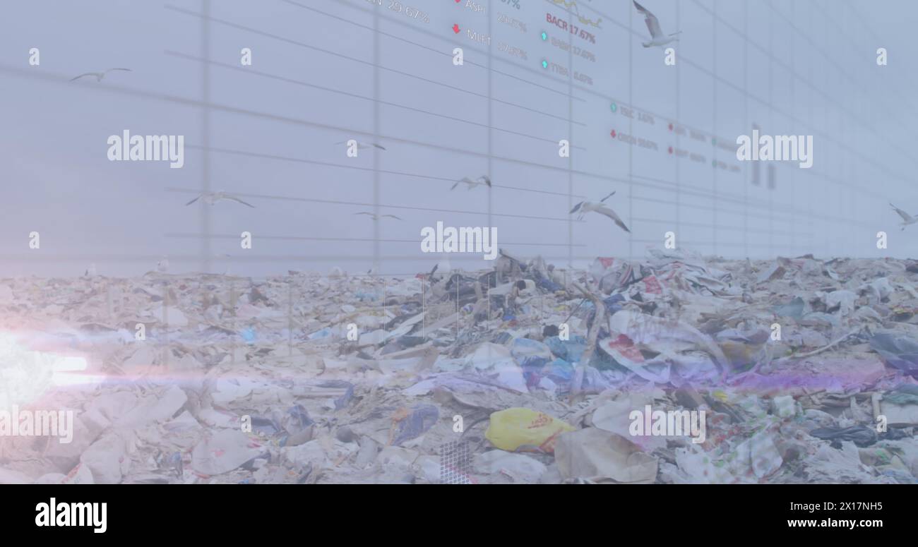 Image of grid pattern with graphs moving and birds flying over garbage ...