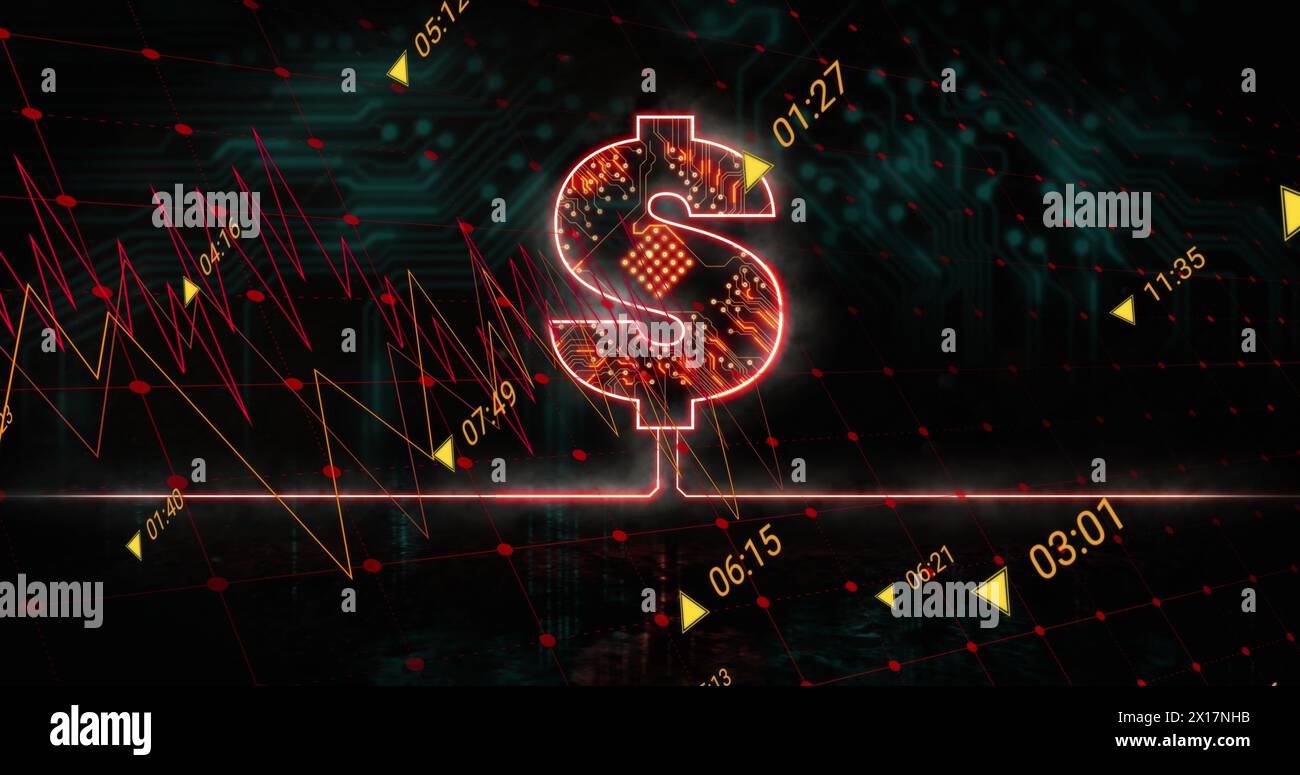 Image of data processing over dollar icon with computer circuit board ...