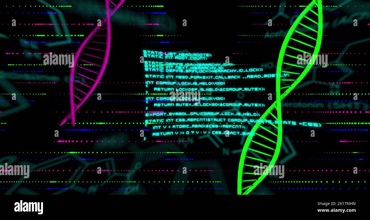 Image of dna strands with data processing over chemical structures. Global science, data ...
