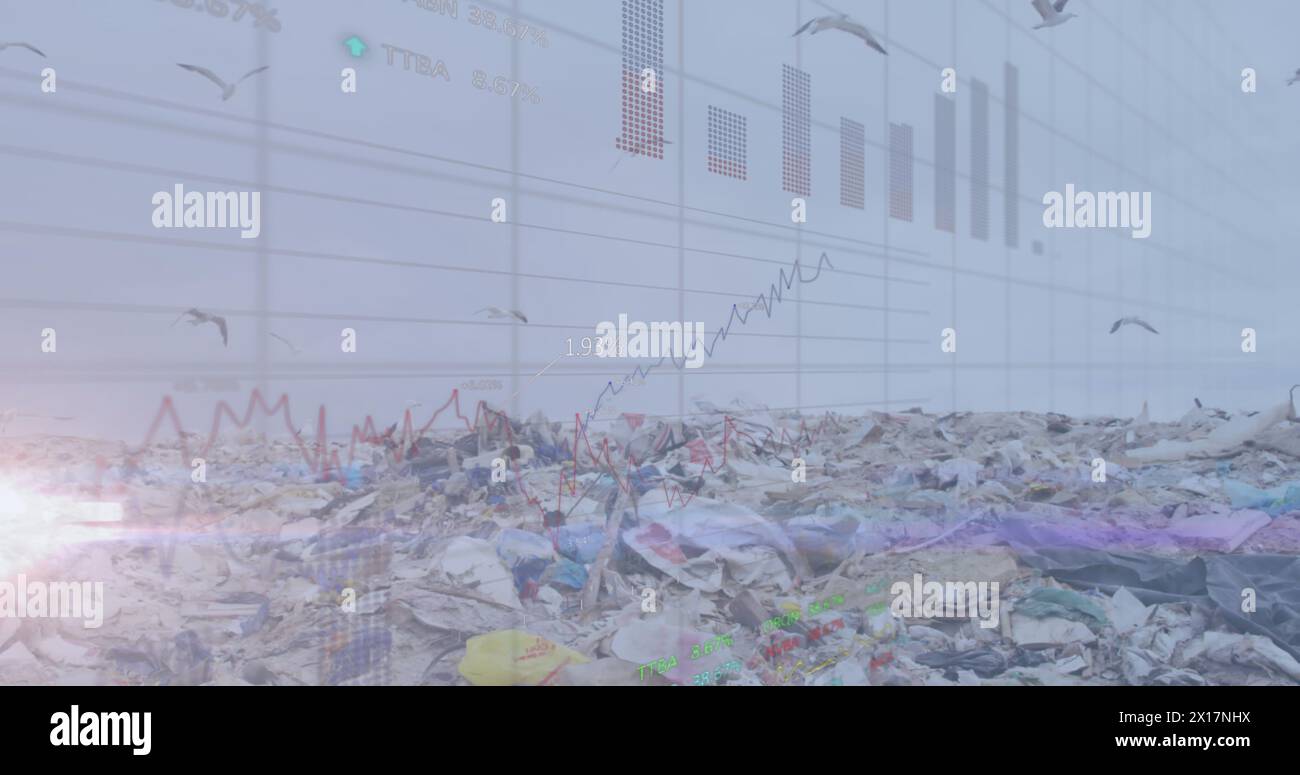 Image of grid pattern with graphs moving and birds flying over garbage ...